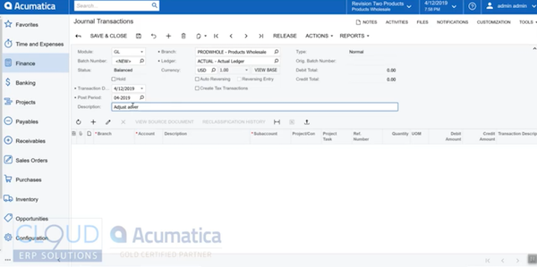 Entering GL Journal Entries into Acumatica
